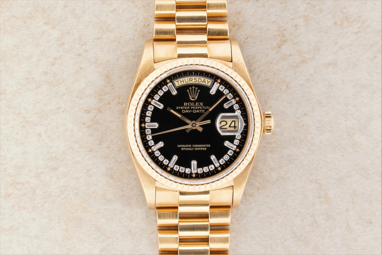 18038 Day-Date 36 (super rare black lacquer string baguette dial ...